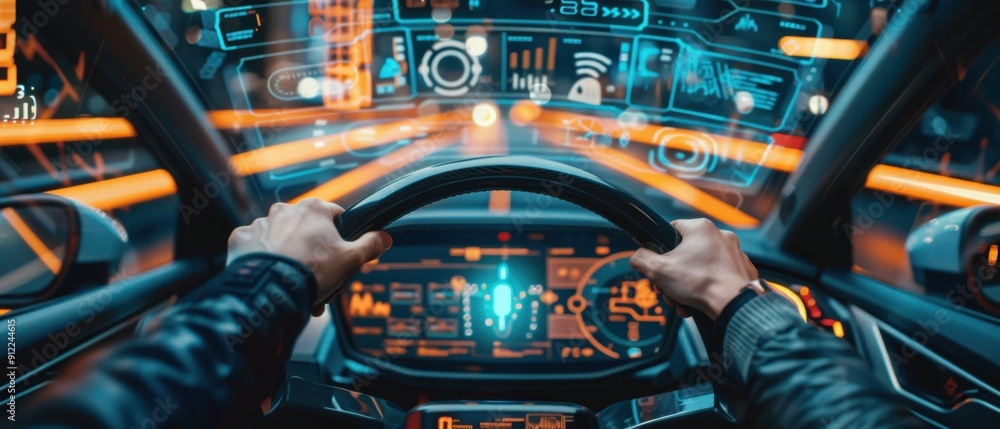 A driver navigates a high-tech car with a holographic dashboard ...