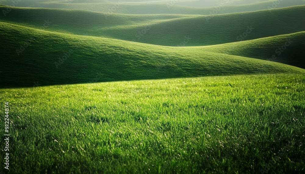 green field with light, sunset over rice field, green grass field and ...