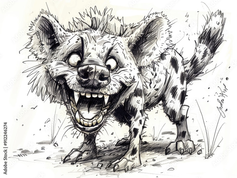This captivating doodle style depicts a lively mischievous hyena with ...
