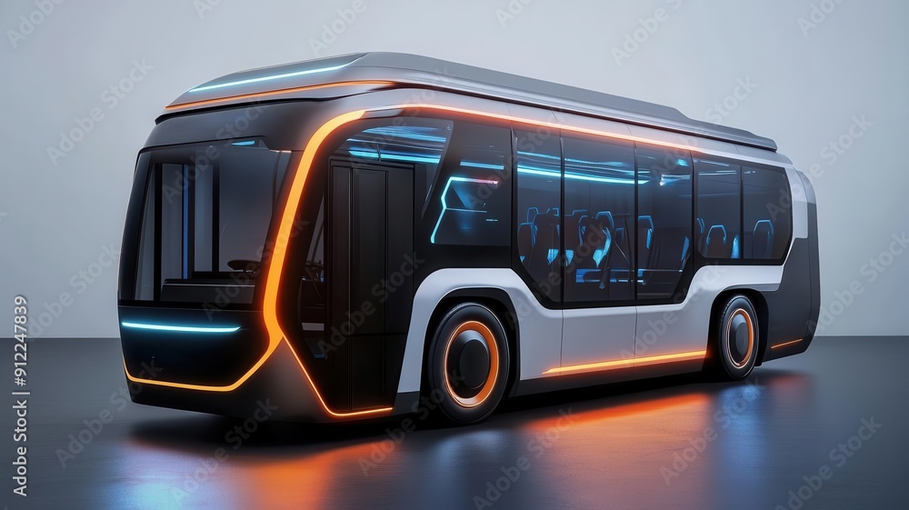 Futuristic electric bus design concept for urban transit, shown in a ...