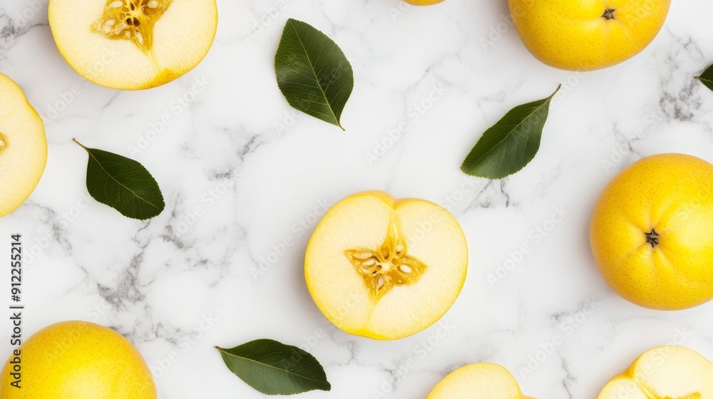 Half-cut quince fruits revealing their intricate star-like seed pattern ...