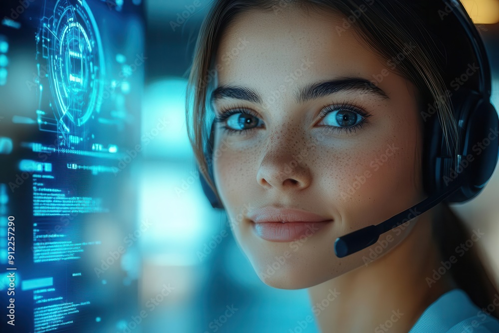 customer care personified radiant young woman wearing headset engages warmly with clients ...