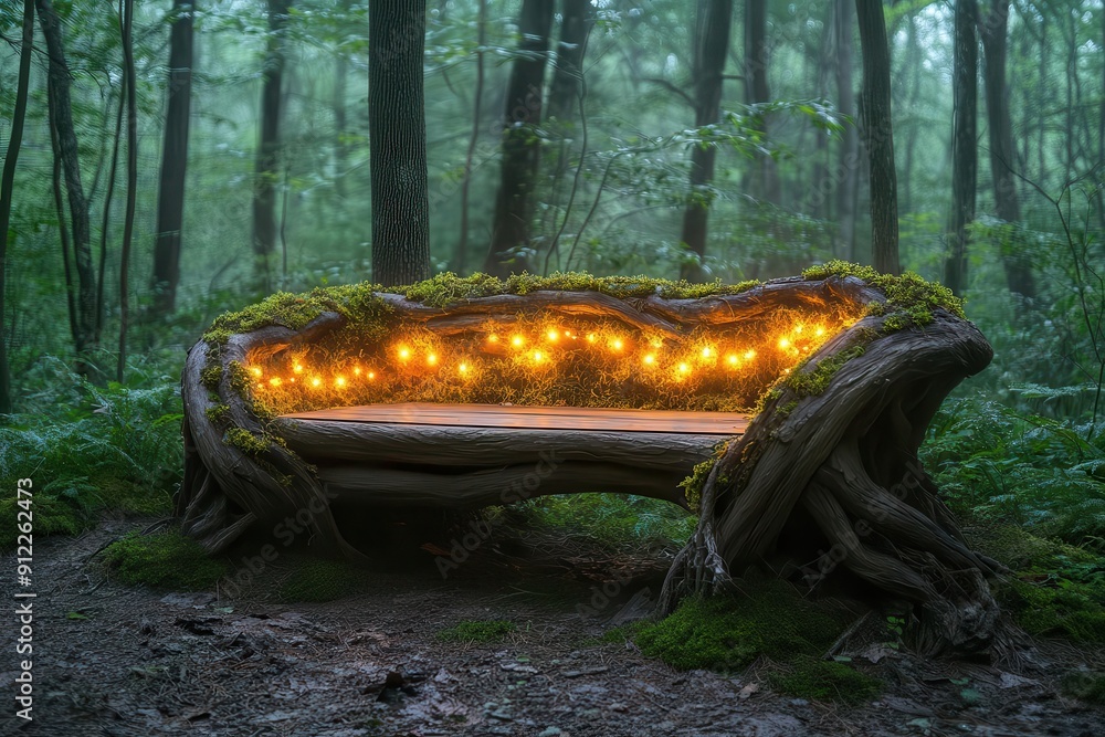enchanted living bench in mystical forest twisted roots glowing moss ...