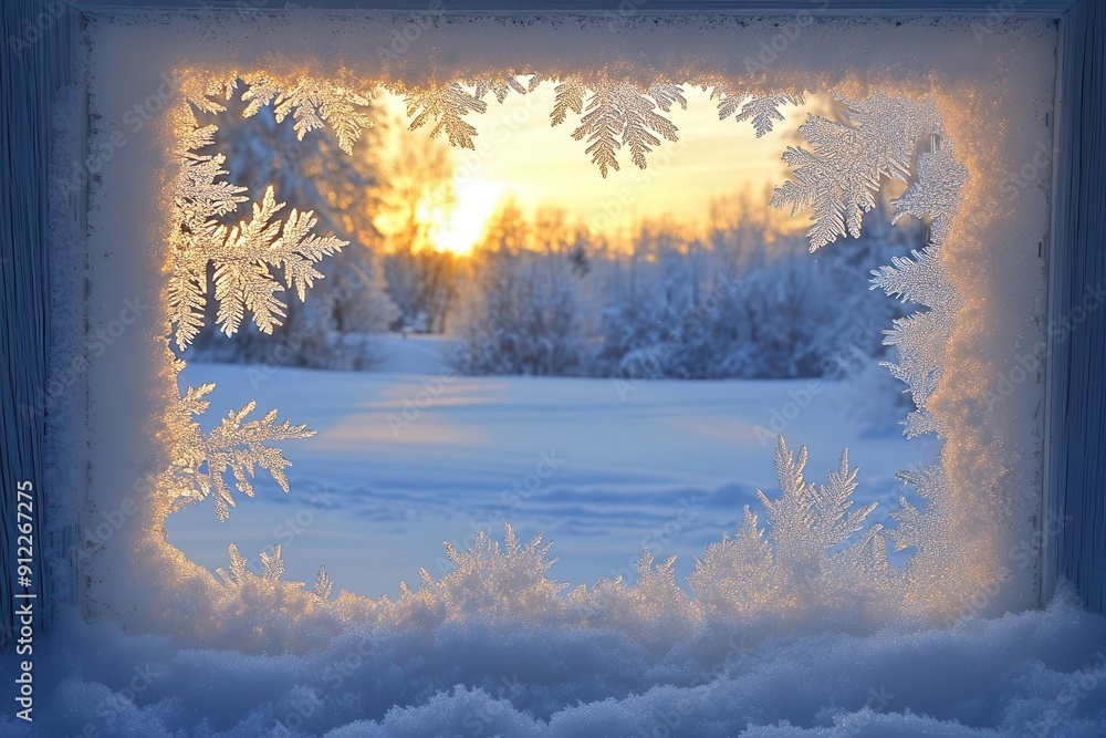 frosty window frame intricate ice crystal patterns form natural border ...