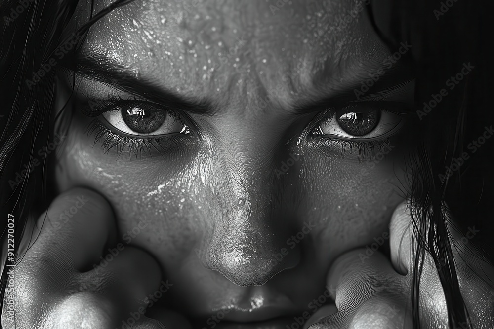 haunting monochrome portrait womans face partially obscured by ...