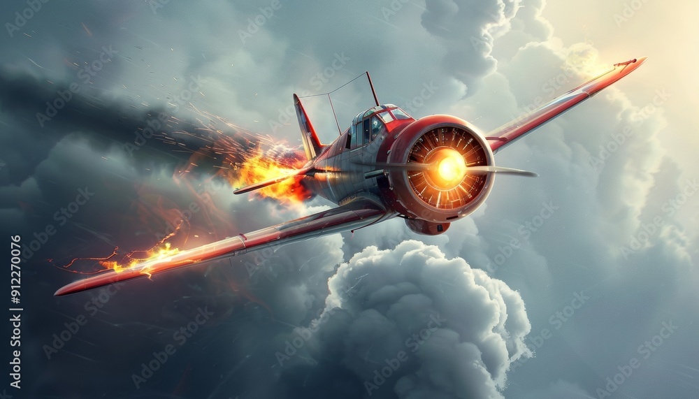 Furious Cartoon Airplane with Blazing Engines, Flying in Overcast Sky ...
