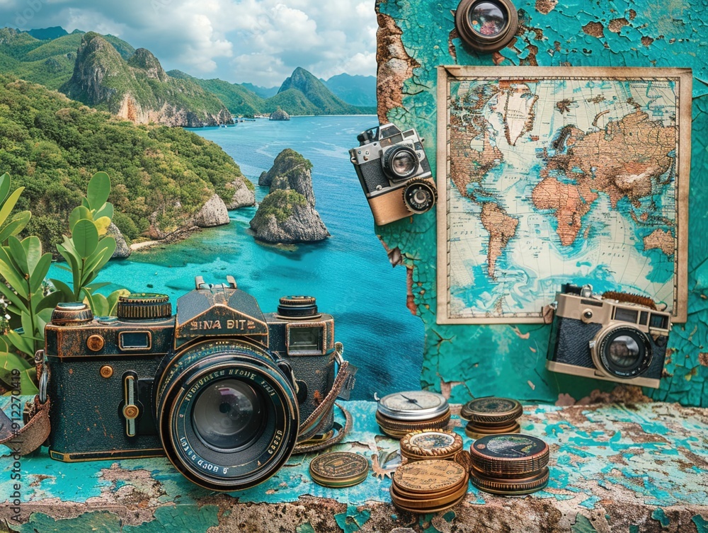 A travel adventure collage with exotic destination photos and map ...