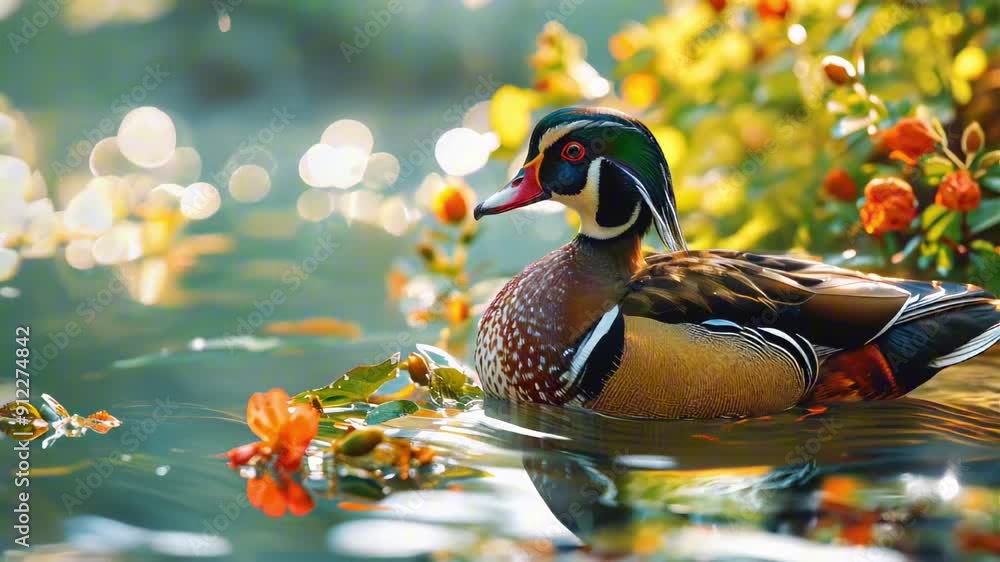 Beautiful Wood Duck (Aix sponsa) Swimming In Water Pond in Natural ...