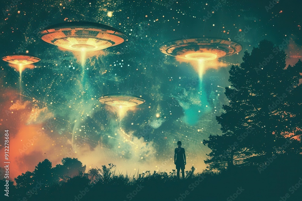 retrostyle illustration of man gazing at ufo invasion dramatic night ...