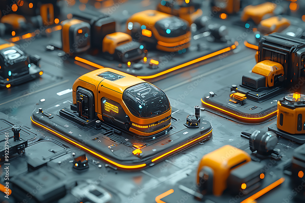 An aerial view of a high-tech delivery hub with various delivery ...