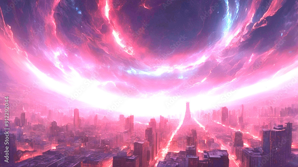 Cosmic vortex over a large city. A gritty, high-contrast cinematic ...