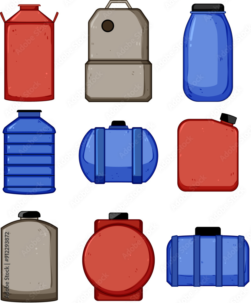 plastic tank set cartoon. barrel bottle, chemical reservoir, factory ...