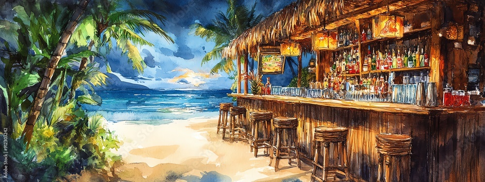 ภาพประกอบสต็อก A vibrant beach bar scene with tropical ambiance ...