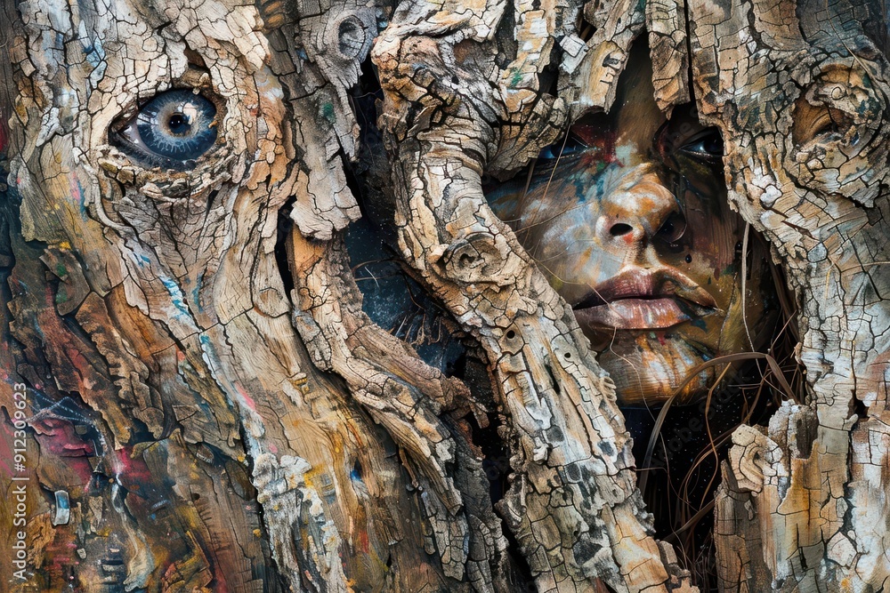 surreal portrait merging human face with gnarled tree bark bold brush ...