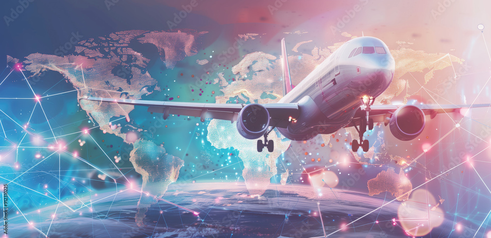 Airplane in flight with digital world map and connecting lines in ...