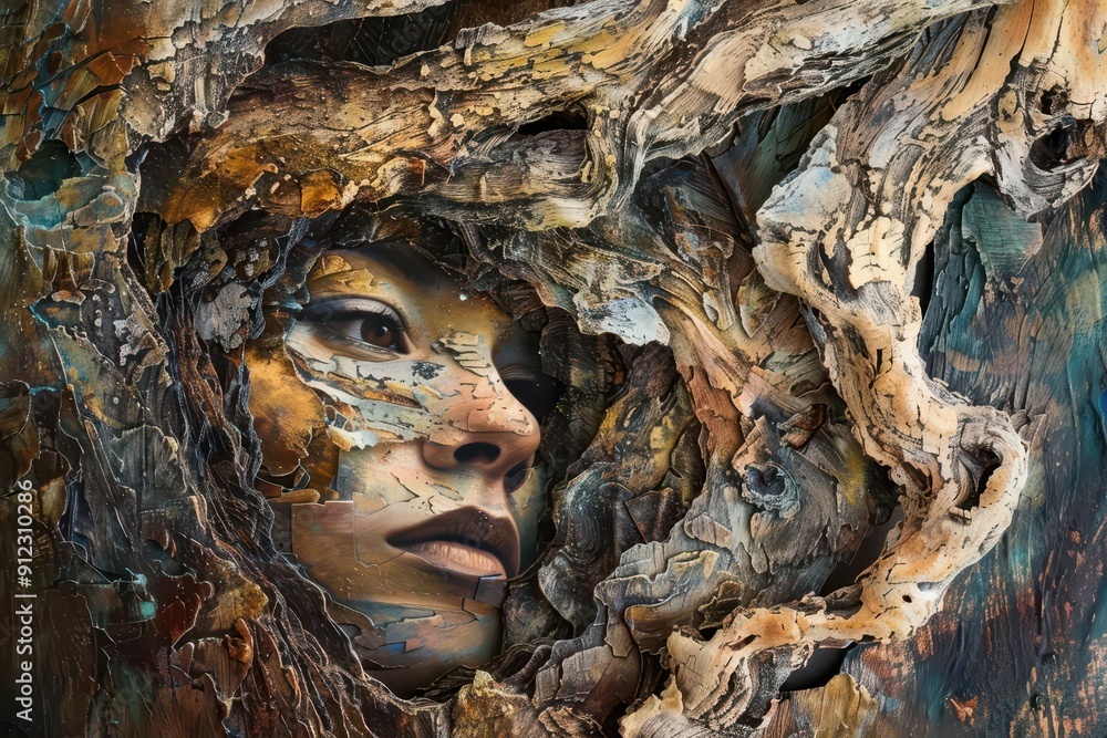 surreal portrait merging human face with gnarled tree bark bold brush ...
