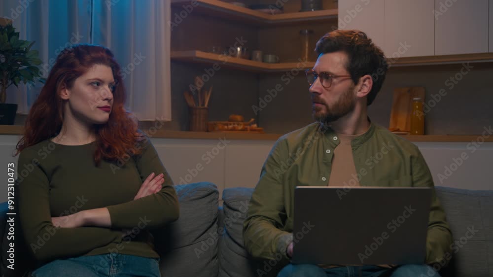 Angry bored wife distract husband from remote work demand attention ...