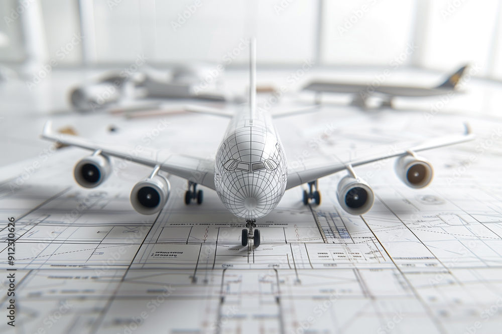 Detailed model airplane on architectural blueprints set in a well-lit ...
