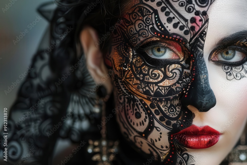 theatrical makeup portrait face split vertically one half dark one half ...