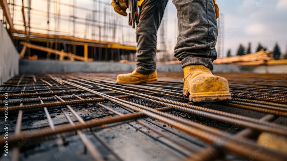 Close up construction worker working on steel rebar frames at the site ...