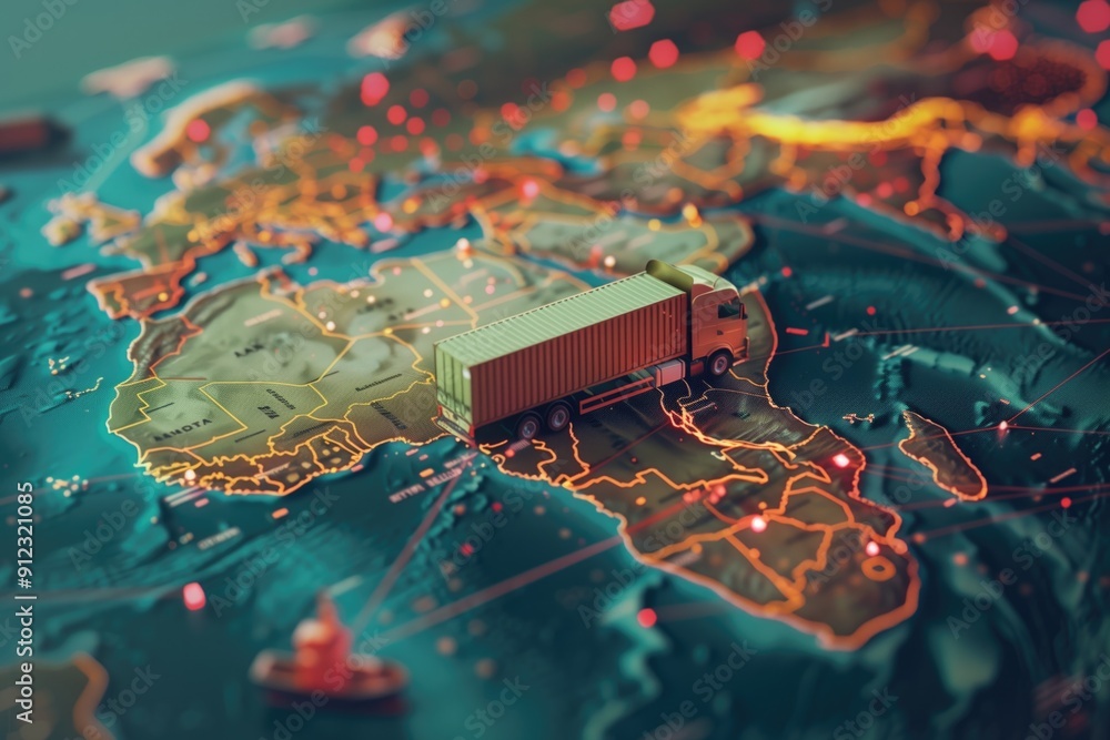 Detailed map showing global trade routes with a cargo truck model and ...