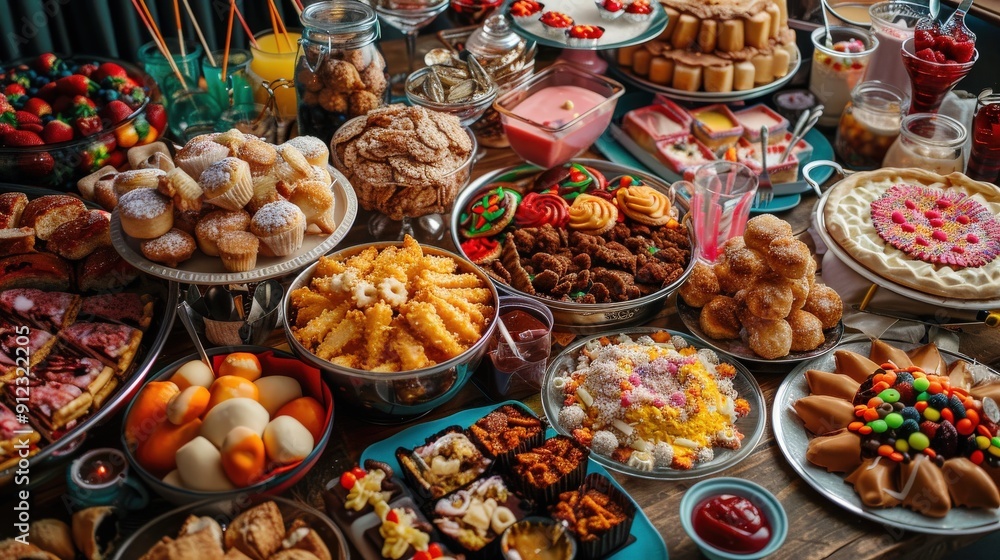 A bustling table displays an array of tempting high-calorie fried ...