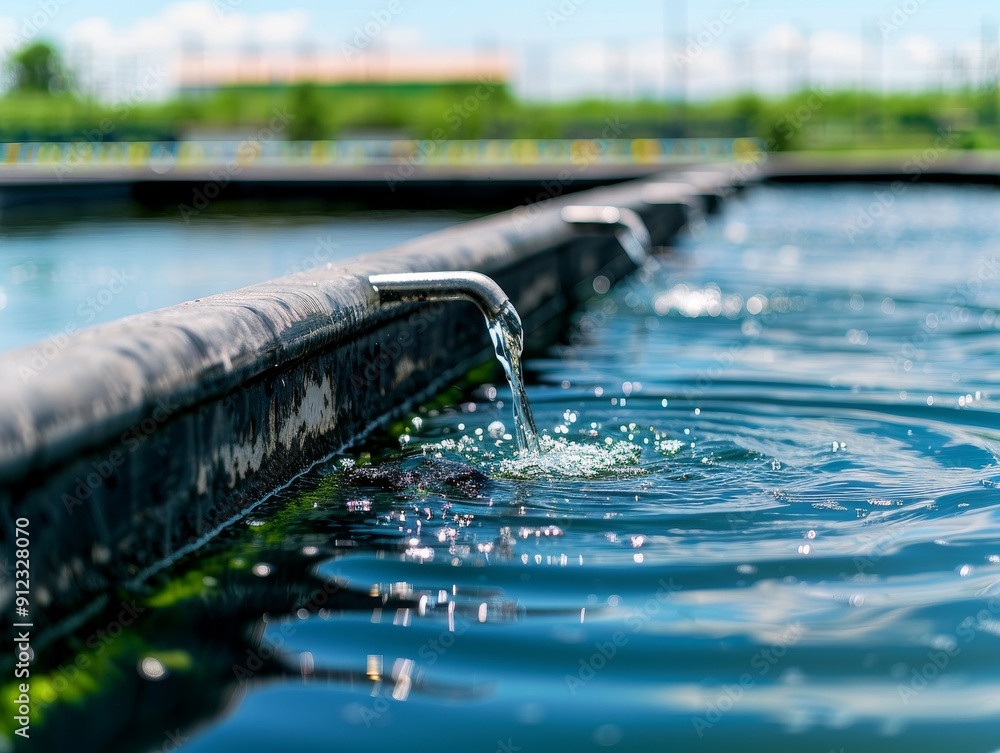water treatment plant close-up - clean water flowing from pipes into ...