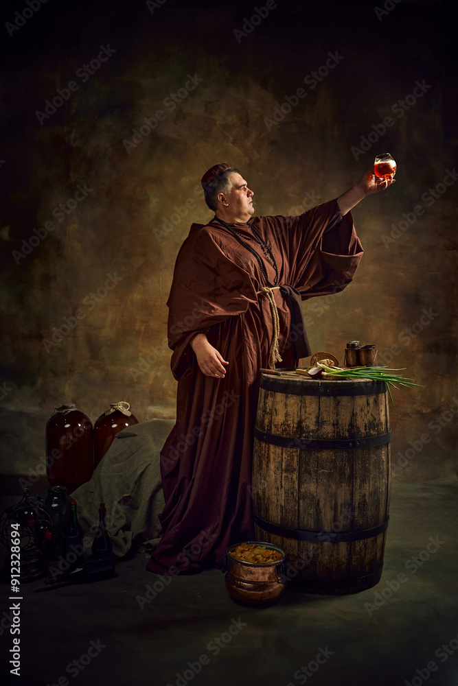 Dedication to abbey brewing through the ages. Medieval monk raising ...