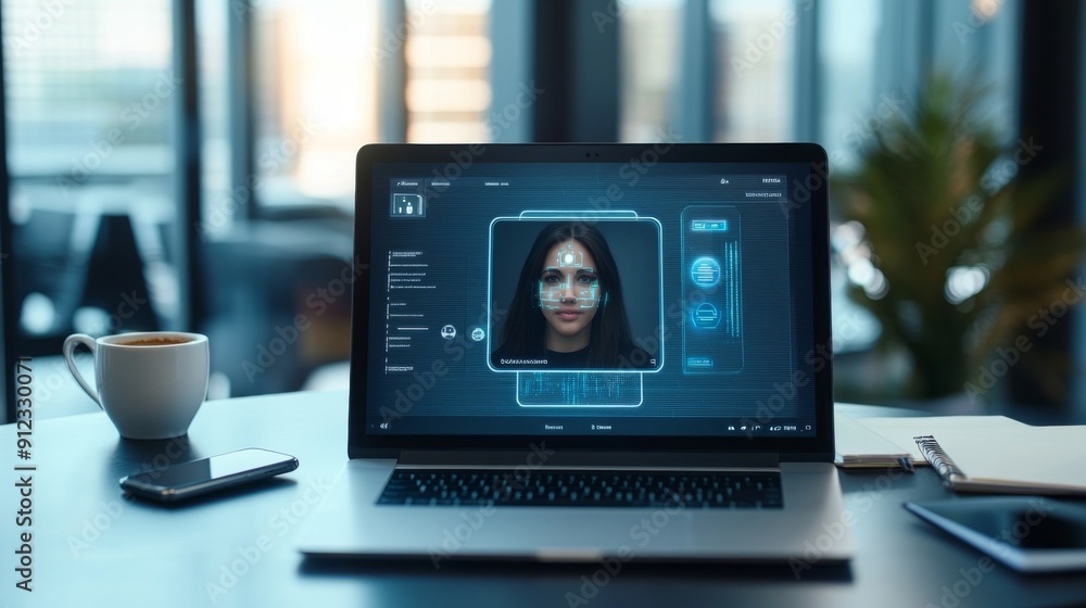 An open laptop displays a facial recognition login screen on a modern ...