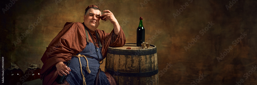 Hangover. Medieval man, monk in traditional attire leaning glass with ...