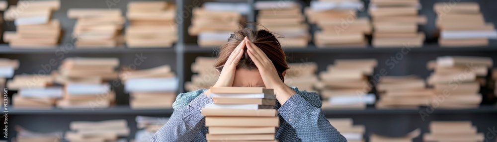 overwhelmed student studying with stack of books in library, feeling ...