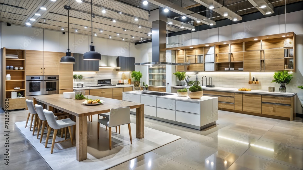 Modern kitchen showroom inside a large furniture retailer featuring ...