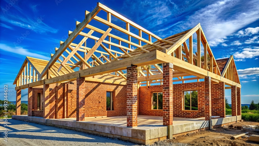 Modern house framework features brick walls, wooden roof trusses, and ...