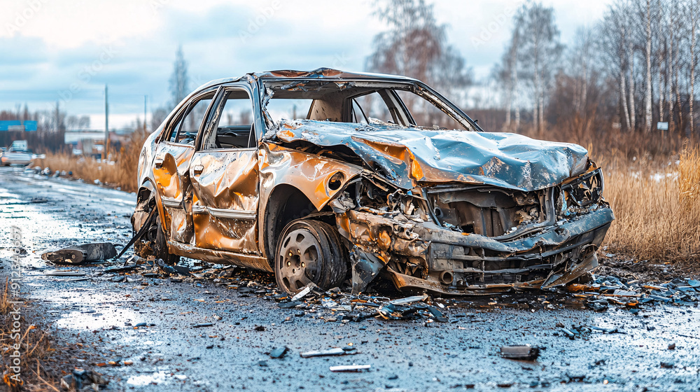 Crumpled Car: Front-End Collision Wreckage with Ample Copy Space for ...