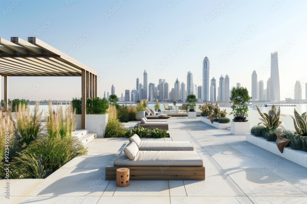 Modern rooftop terrace with minimalist design, featuring wooden ...