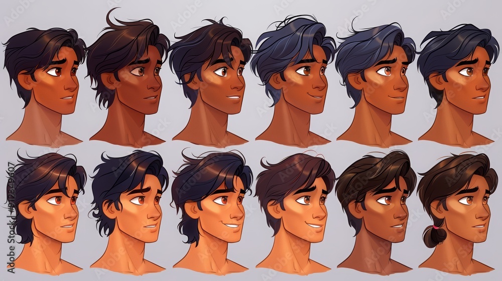collection of cartoon-style portraits depicting young male character ...