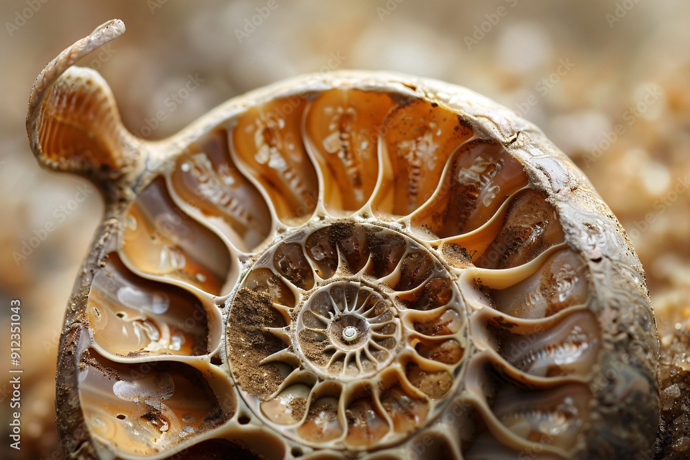 Ultra-detailed image of a fossilized ammonite, spiral chambers and ...