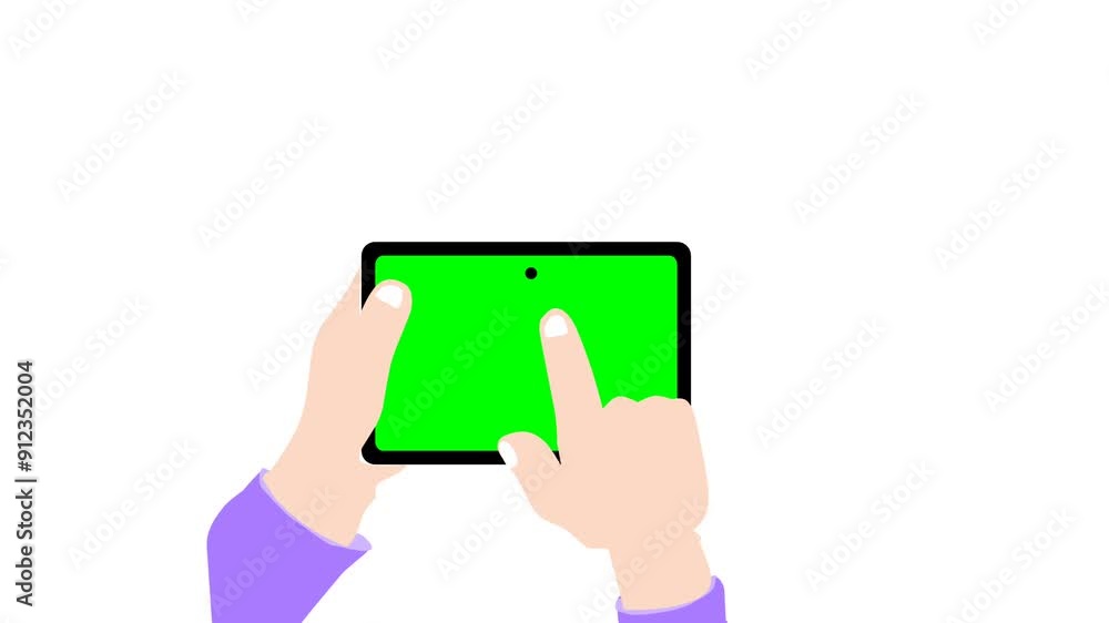 Person hand animation holding the tablet and touching on green screen ...