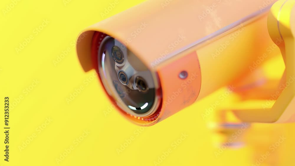 Yellow security CCTV camera. Close-up camera and selective focal of the ...
