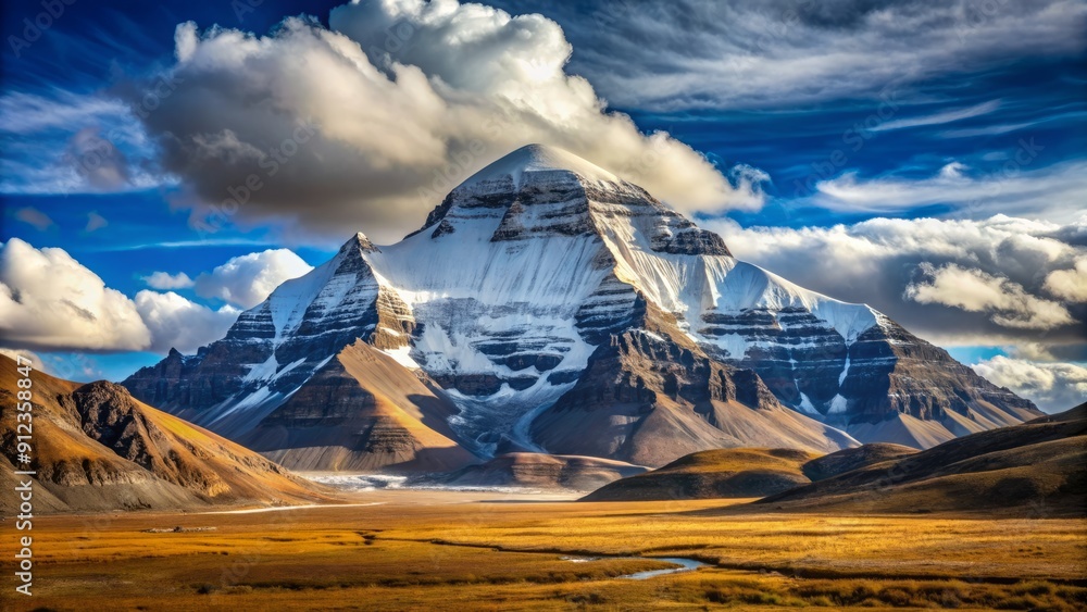 Majestic snow-capped Mount Kailash, a sacred Himalayan peak, towers ...