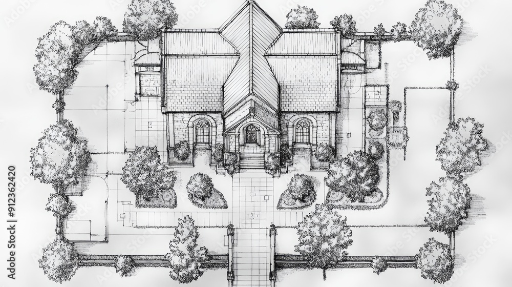 Church blueprint with intricate details of floor plan, roof tiles, and ...