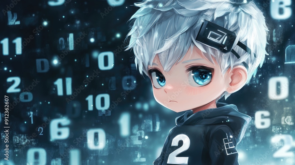 Chibi-style boy with silver hair, "2" logo outfit, tech elements, and a ...