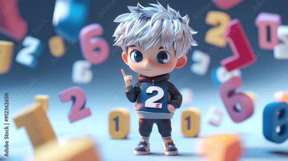 Chibi-style boy with silver hair, "2" logo outfit, tech elements ...