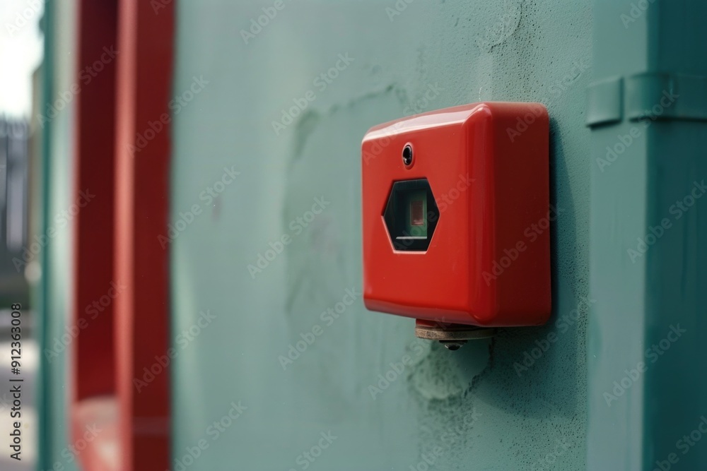 A bright red fire hydrant is mounted to the side of a green wall, ready ...