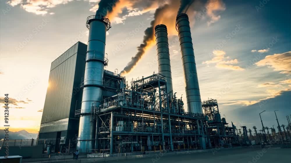 Industrial scene of a natural gas power plant with gas turbines an ...