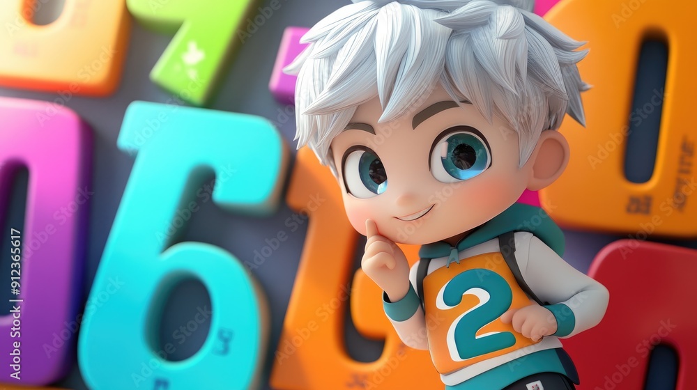 Adorable chibi boy with silver hair in "2" logo clothes, posing in ...