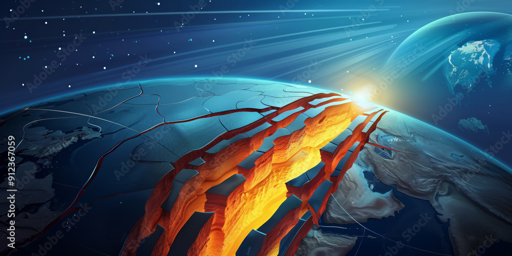 Illustration of tectonic plates shifting, with a fault line and Earth's ...