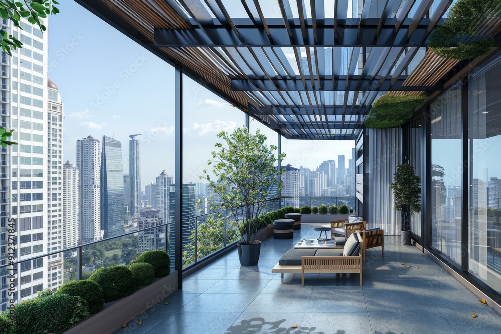 Modern rooftop terrace with minimalist design, featuring wooden ...