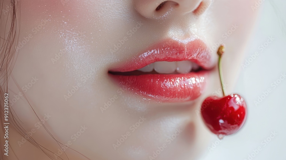 Beautiful Young woman with Gloss red lips and cherry on dark background ...