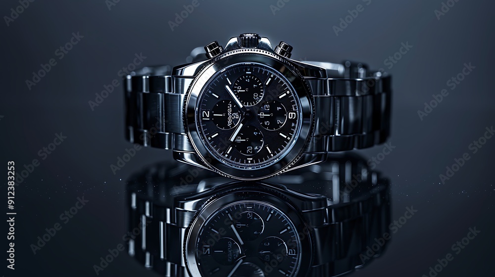 Luxury Wristwatch on Reflective Surface with Blue Highlights, modern ...